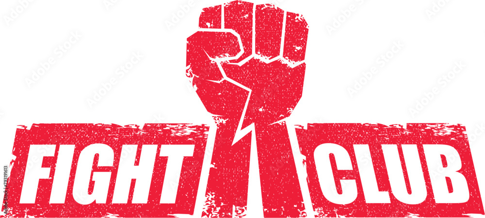 fight club vector red logo or label with grunge red man fist isolated ...