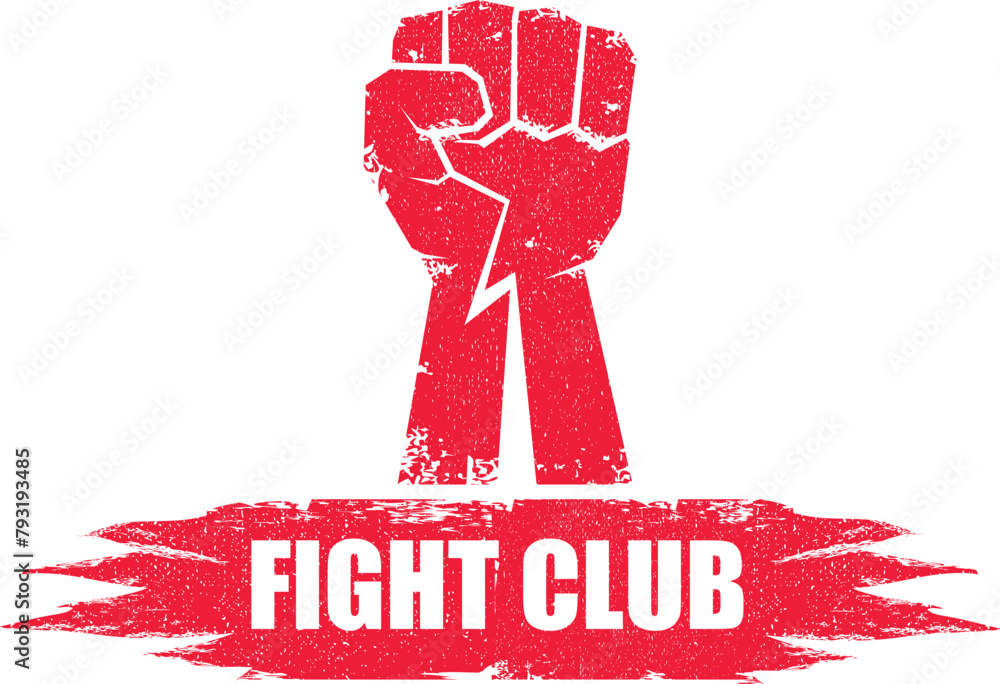 fight club vector red logo or label with grunge red man fist isolated ...