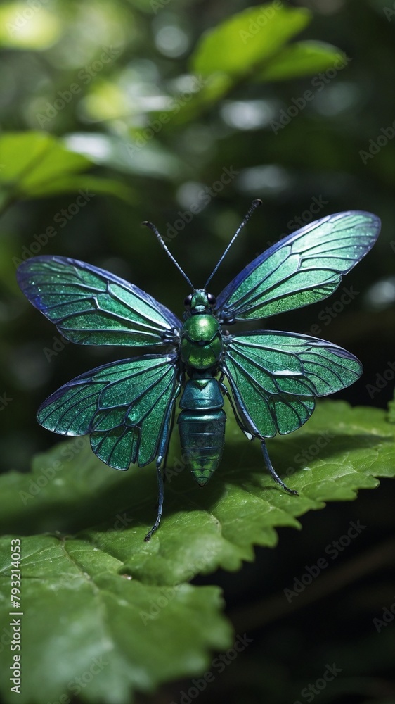 Vibrant green, blue butterfly rests gracefully upon lush green leaf ...
