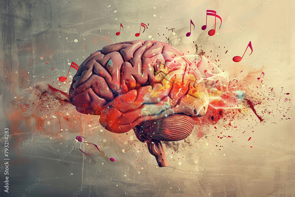 Abstract image of a human brain and musical notes. The influence of ...