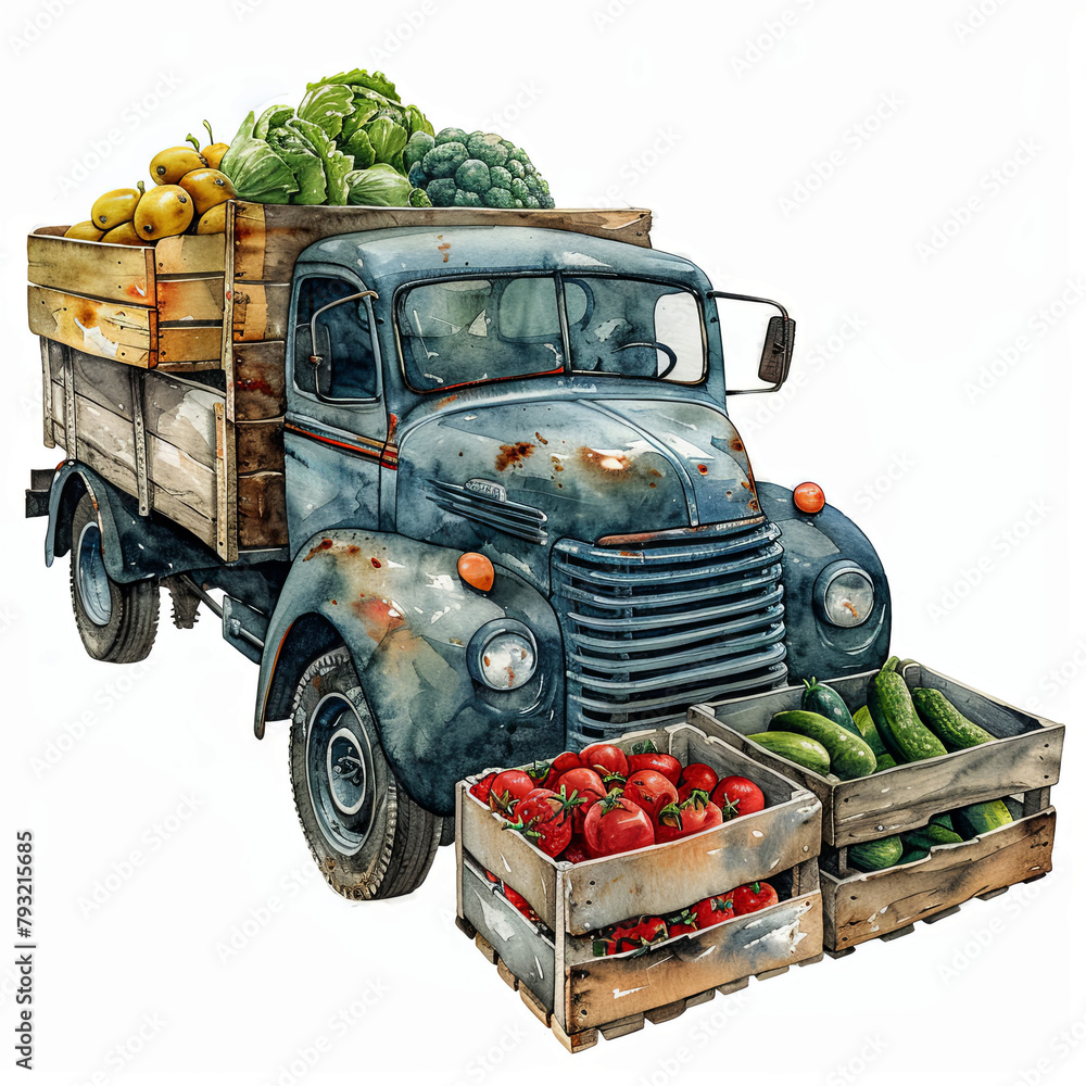 Delightful watercolor clipart of a farm truck carrying crates of fresh ...