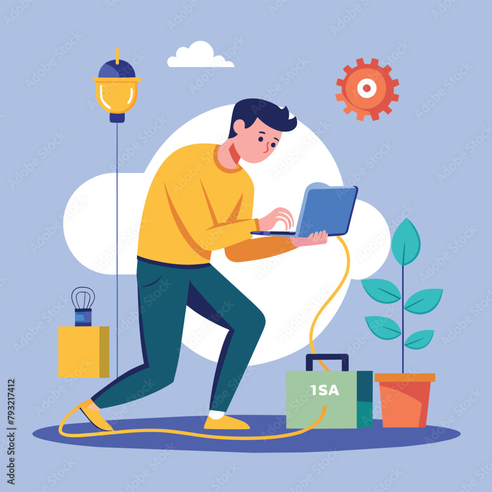 Man Running With Laptop on Lap, man is working on repairing the ...