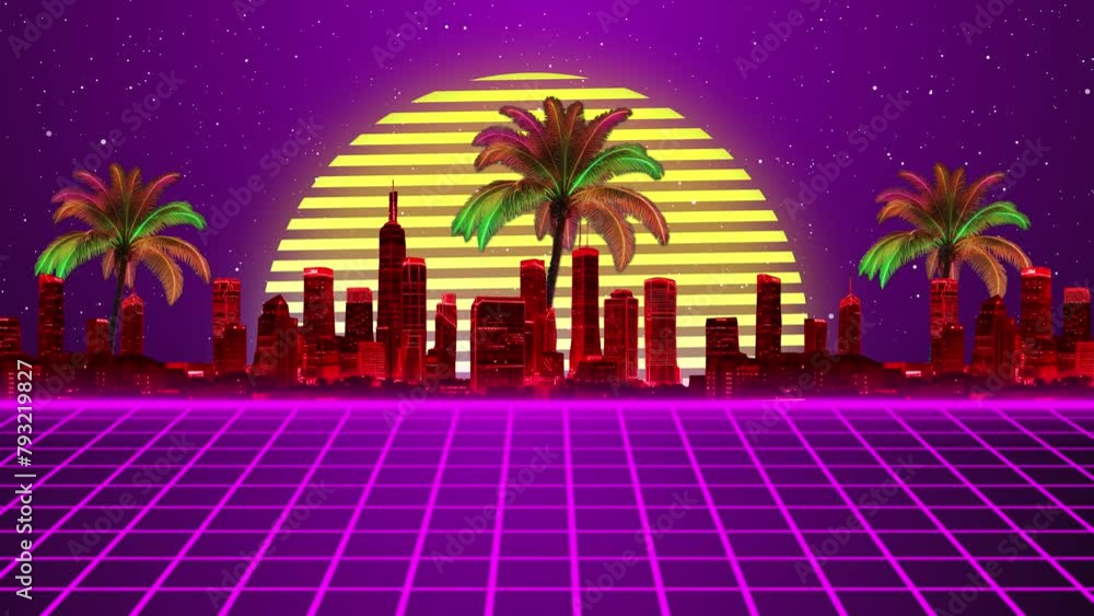 Retro Wave Neon City Background. Glowing High Tech Retro City Building ...