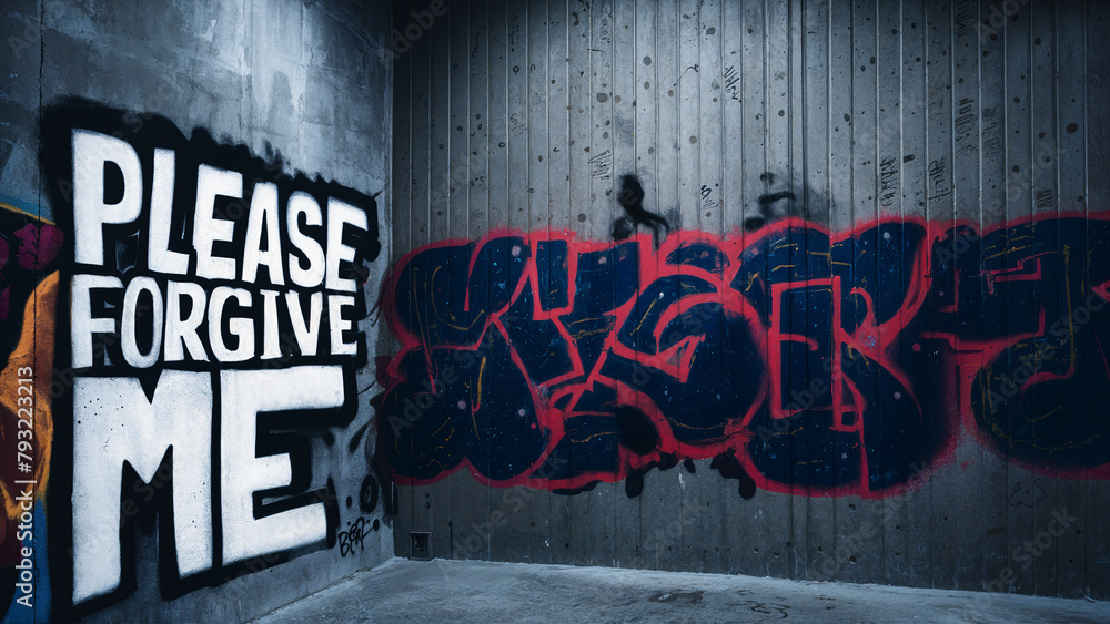 Rough grunge textured urban wall with spray painted graffiti word ...