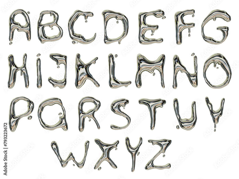 3D chrome font set, liquid metal y2k alphabet, futuristic silver melted ...