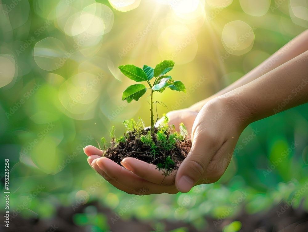 Hands emerging from nature, cradling trees sprouting against a bokeh ...