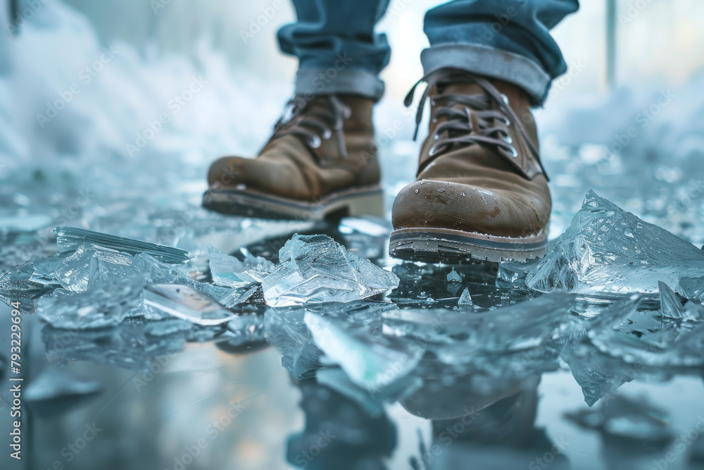 A person's feet are on a frozen lake with ice shards around them Stock ...