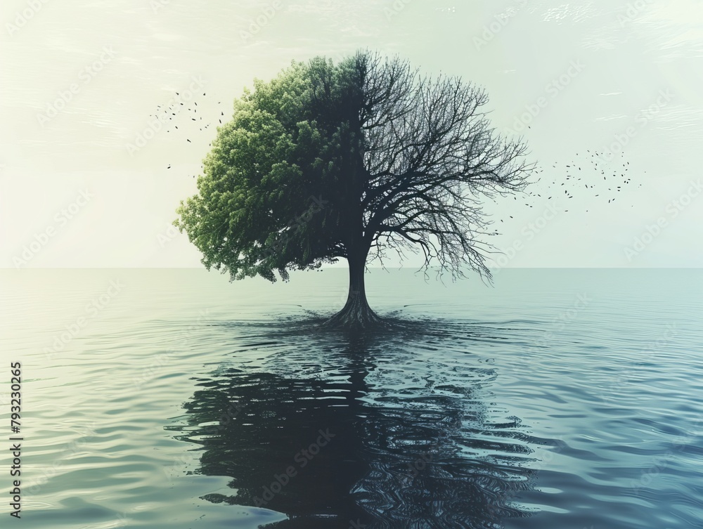 A split image showcasing a tree divided into two parts, each in vastly ...