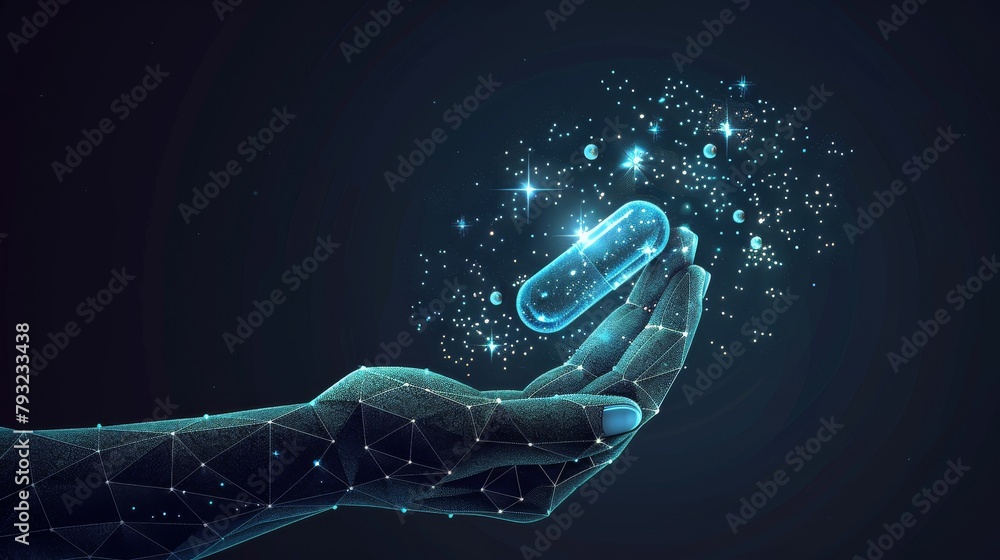 An illustration of a capsule pill and molecules held in a hand ...