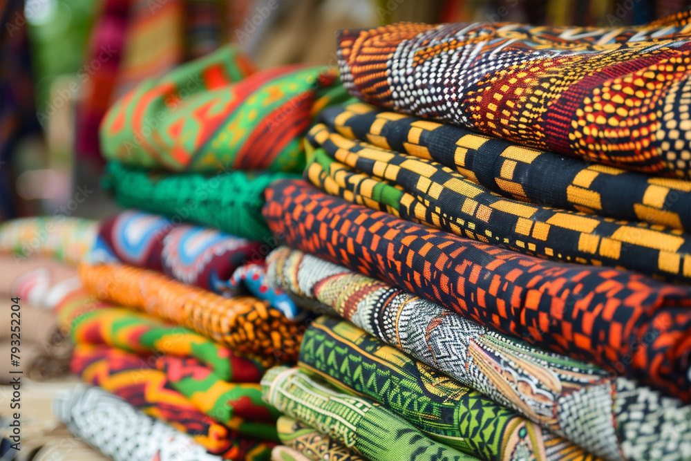 Colorful African Ghanaian textiles and fabrics in a local market ...
