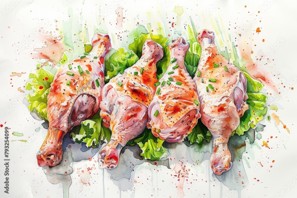 Realistic watercolor painting of various meat cuts. Ideal for culinary ...