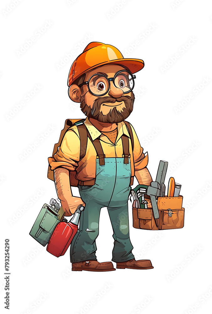 A friendly cartoon handyman with a tool belt and hard hat, ready for ...