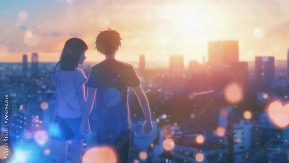 Couple Lofi anime holding hands enjoying the afternoon view of the city ...