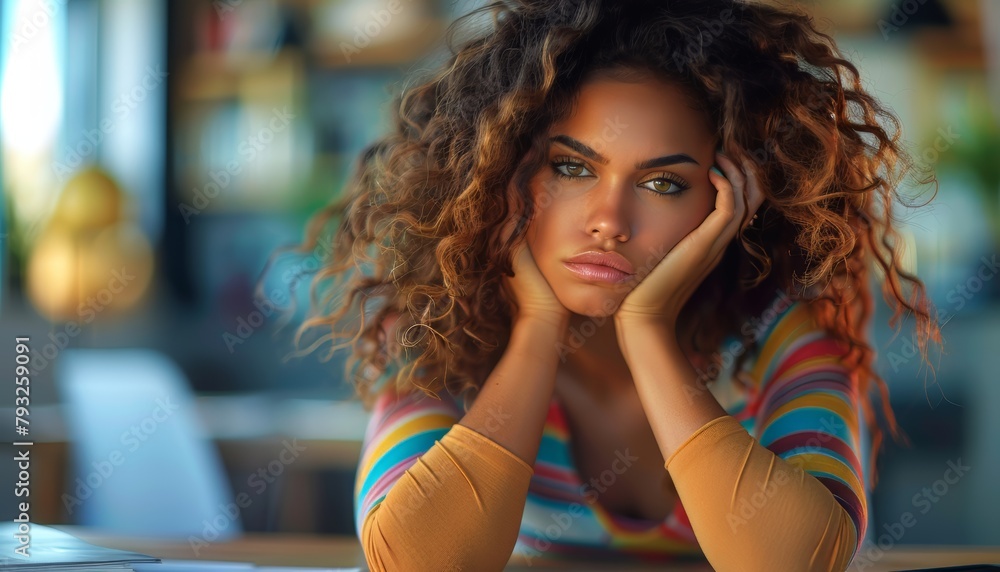 Woman with contemplative expression, gazing over her shoulder, in a ...