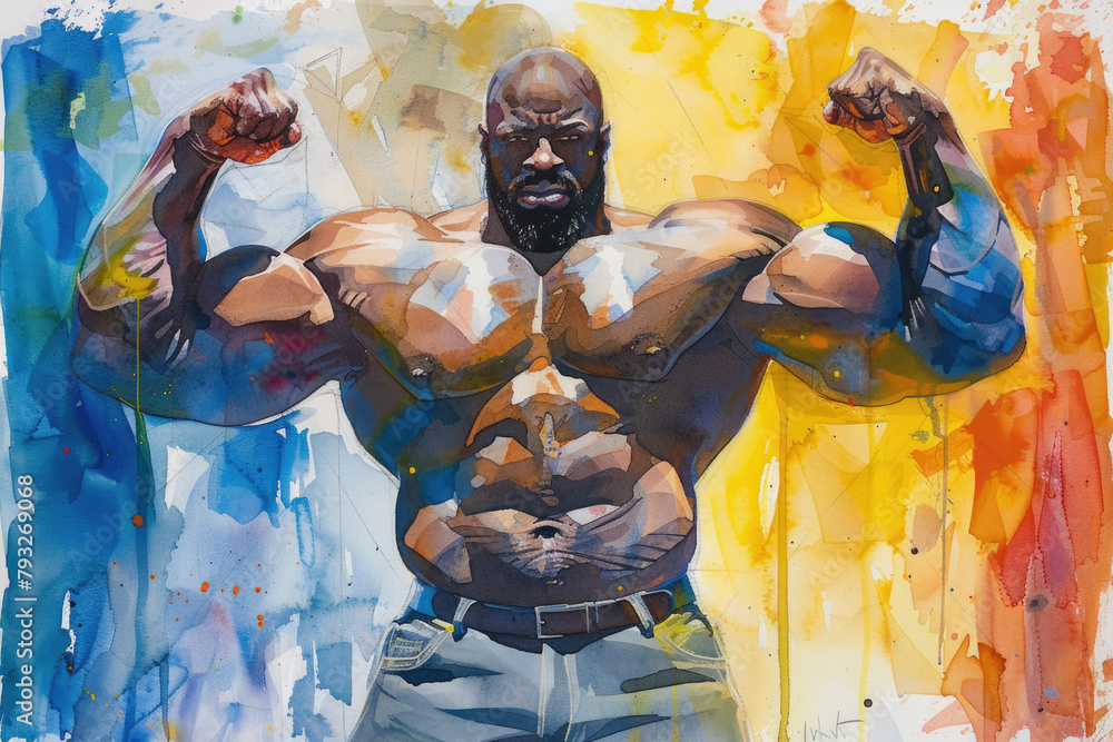 A painting depicting a man showcasing his muscular physique, flexing ...