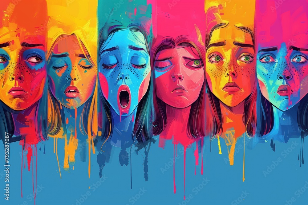 Female emotions of confusion. Psychological collage: Six different ...