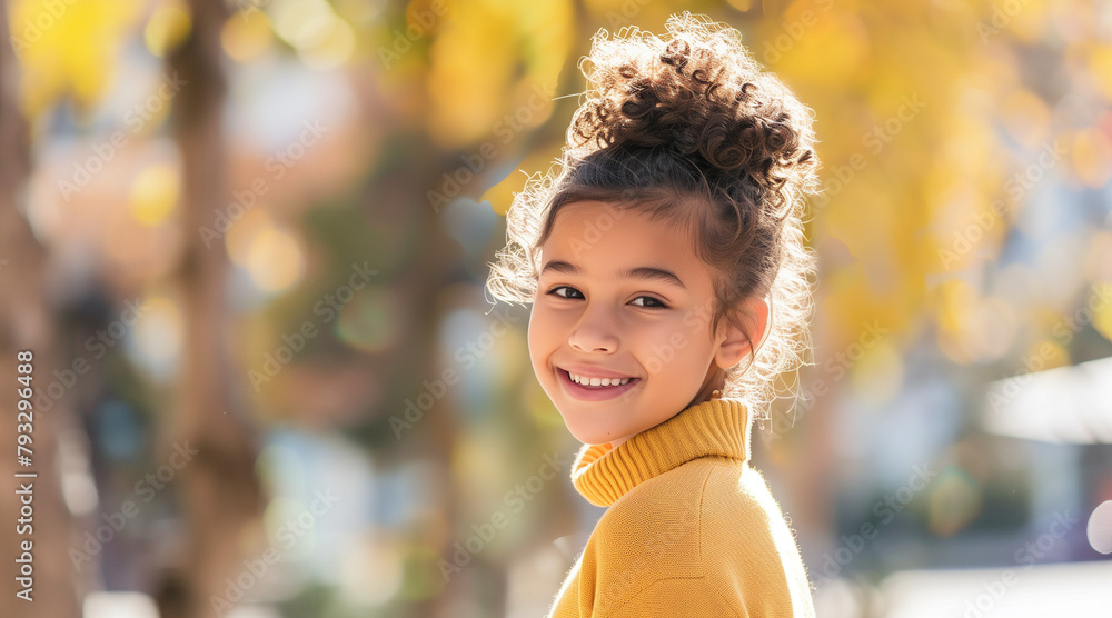 A young female smiling pre-teen child looking back at the viewer. She ...