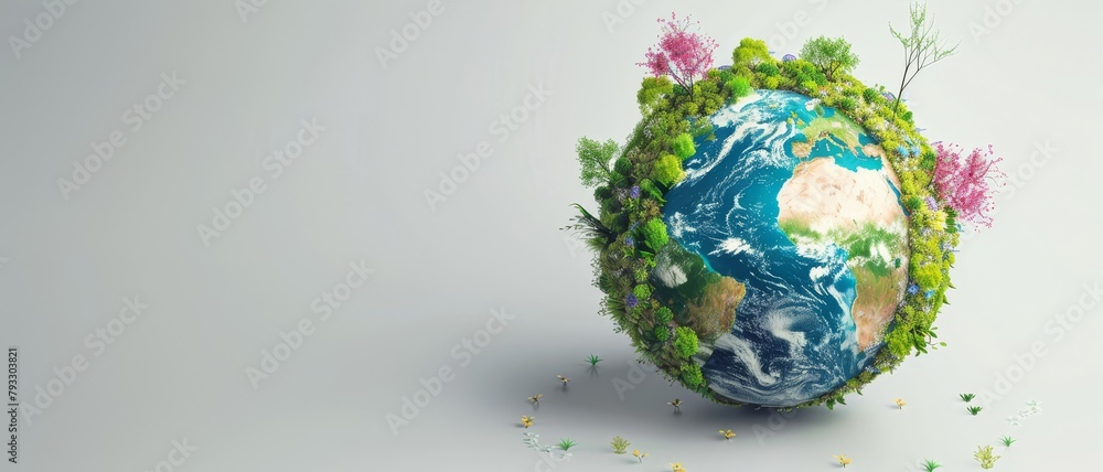 Earth globe covered with green plants and trees, symbolizing ecological ...