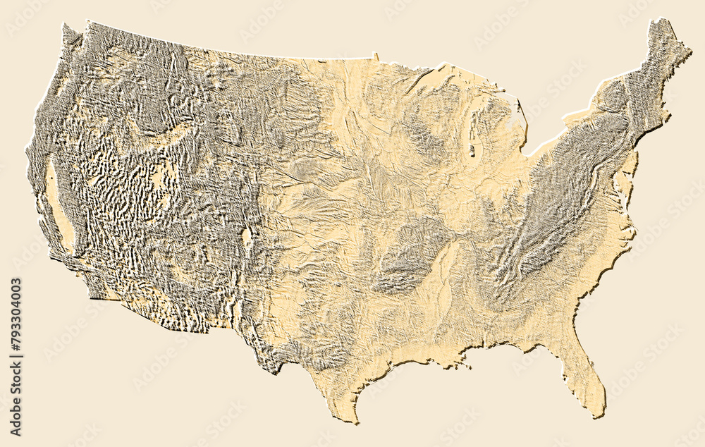 Poster Natural colors embossed 3D relief elevation terrain map of USA ...