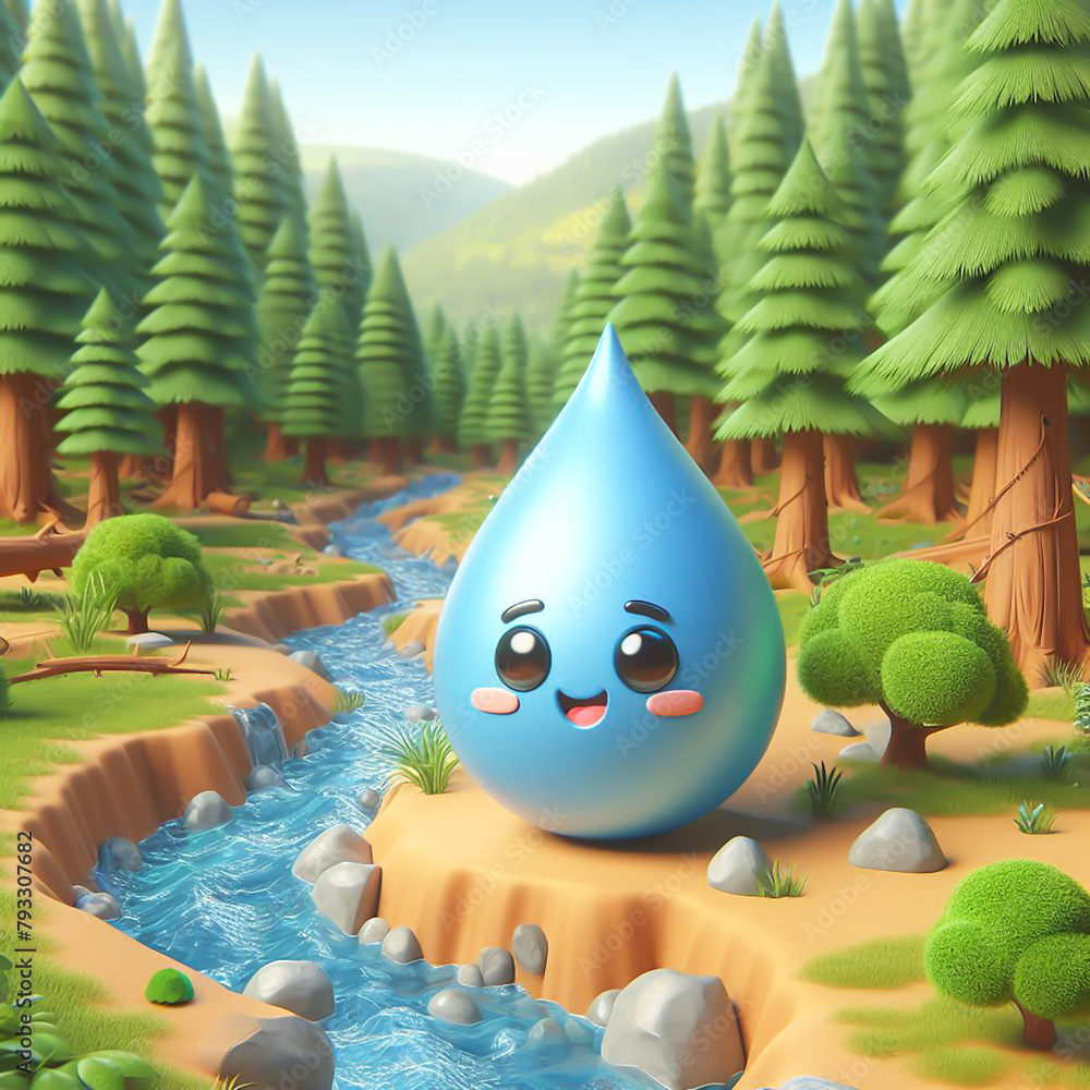 3D water drop cartoon as a sign of protecting water and forests due to ...