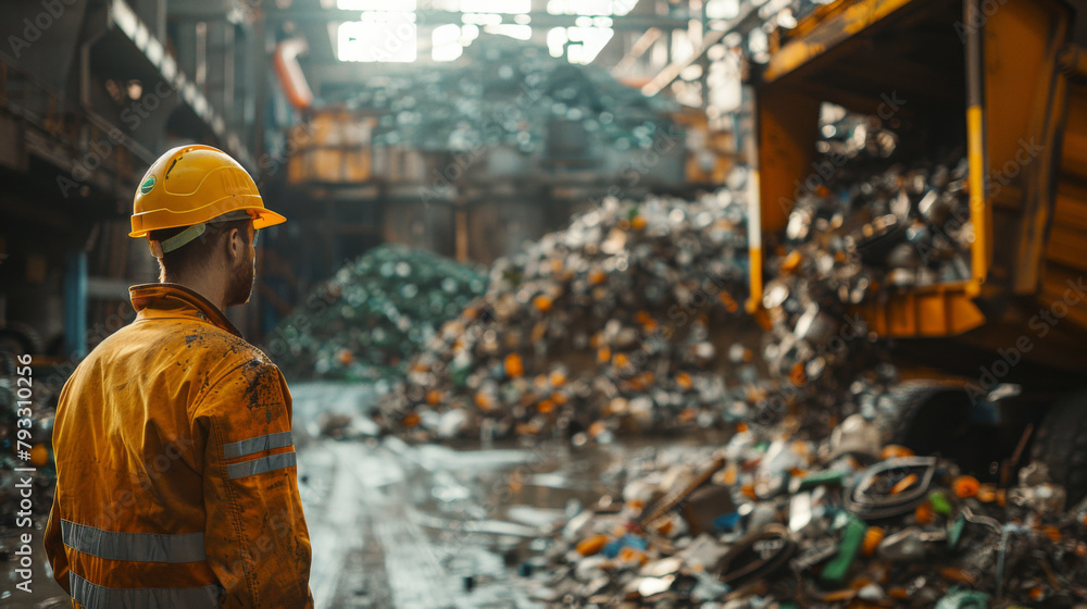 Engineer in high-visibility clothing inspects a waste management ...