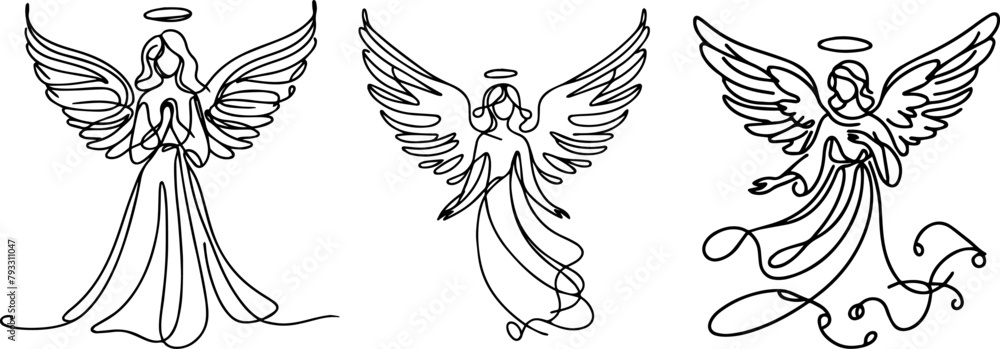angel drawn with one line in doodle style, black vector, silhouette svg ...