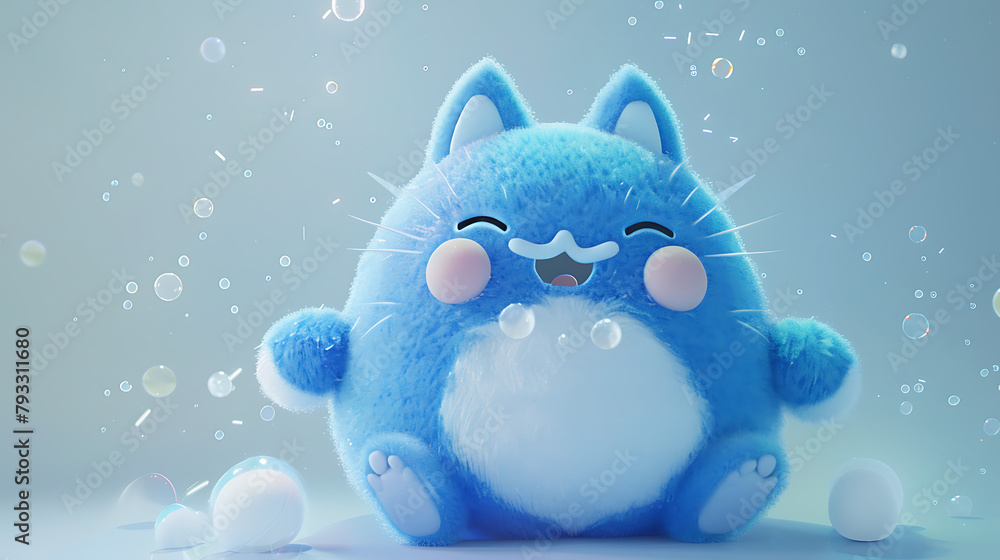 a character wearing a blue cat costume. The character appears round and ...