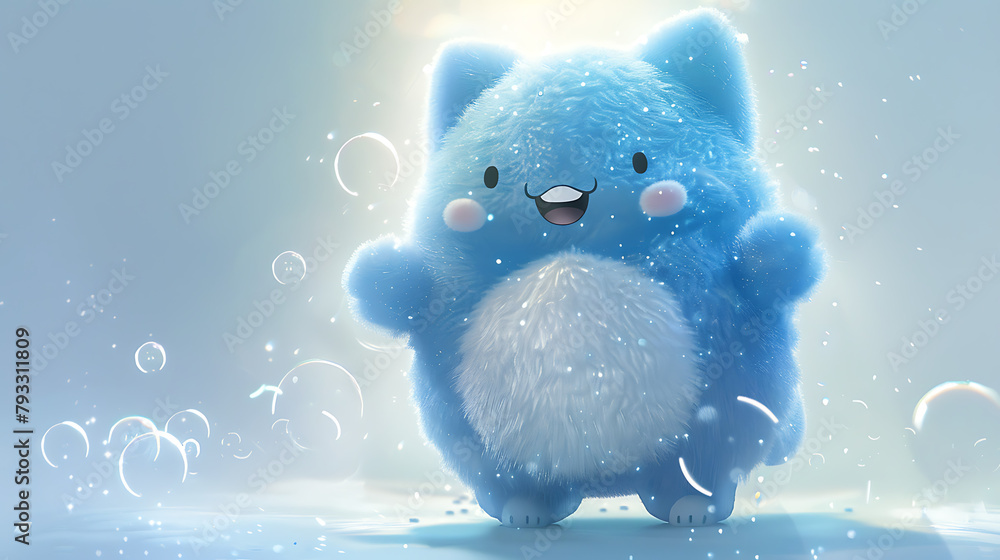 a character wearing a blue cat costume. The character appears round and ...