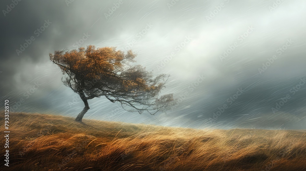 lone tree bent against the force of a raging tempest, its branches ...