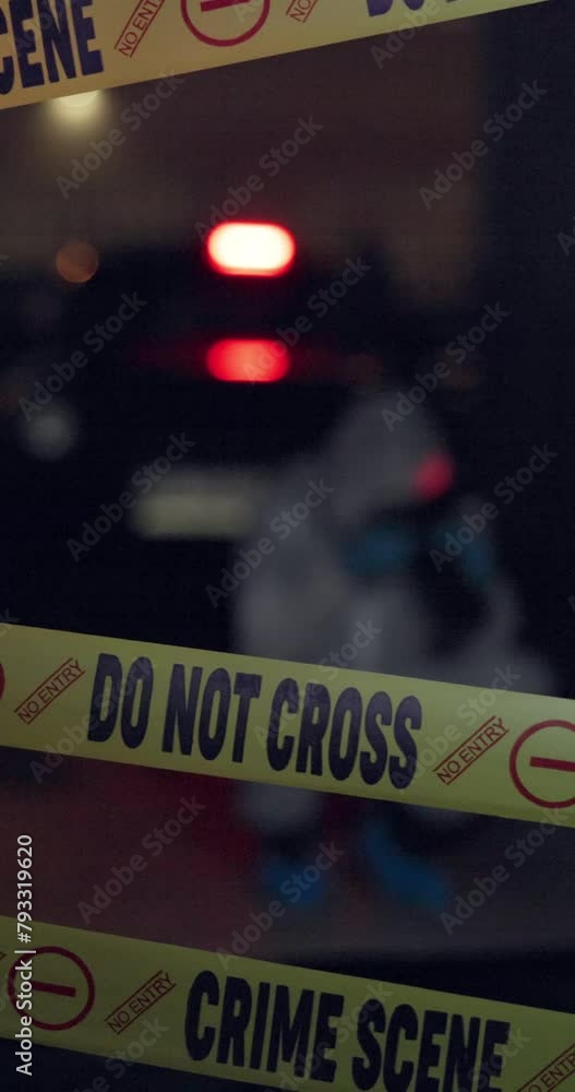Crime scene, murder and no entry with sign for evidence, investigation ...