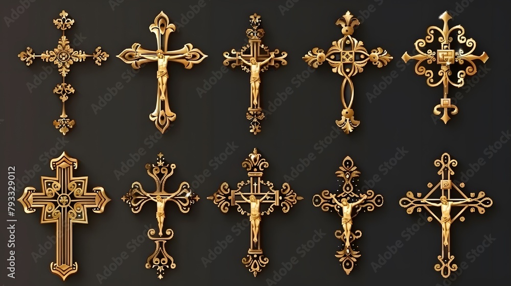 Religion gold cross icon set isolated on black background. Big ...