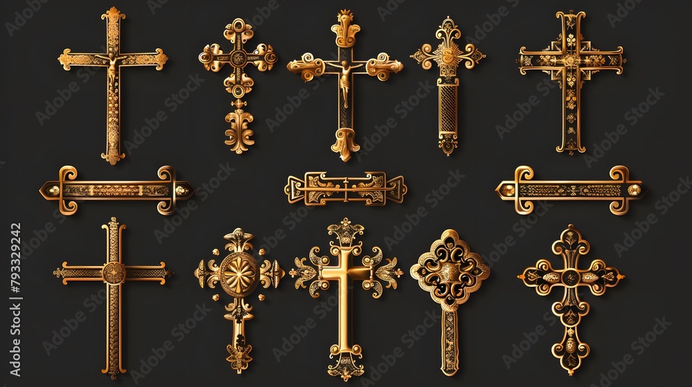 Religion gold cross icon set isolated on black background. Big ...
