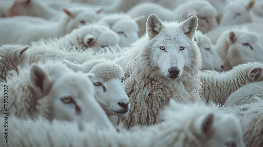 A pack of white wolves in the middle, surrounded by sheep that look ...