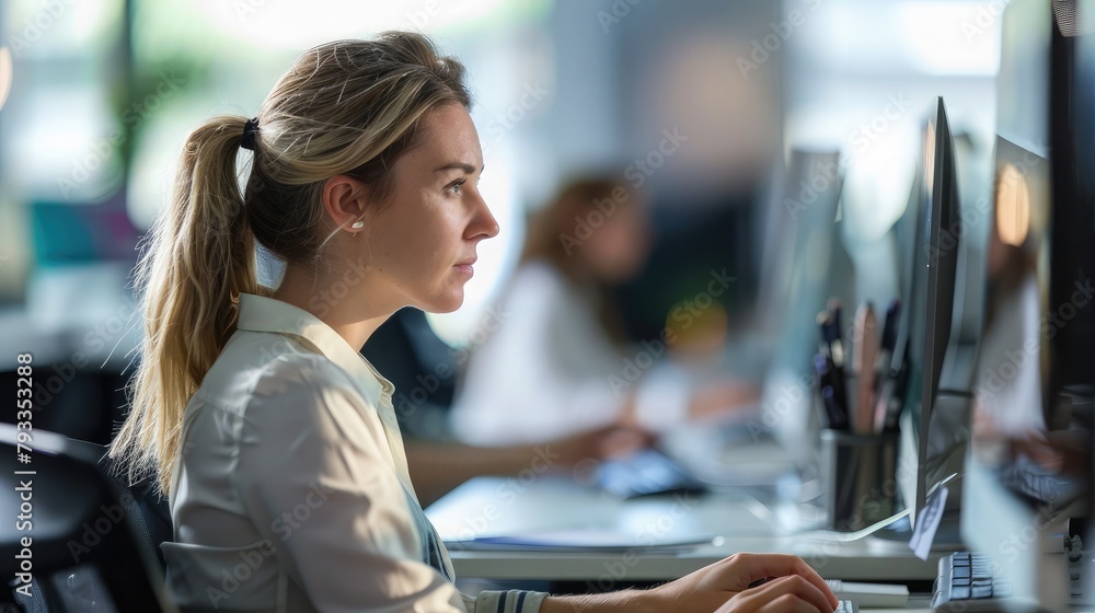woman working diligently at her desk in a busy office, surrounded by ...