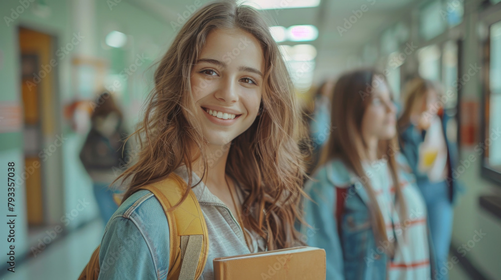 Cheerful young students walking in school corridor, one in focus ...