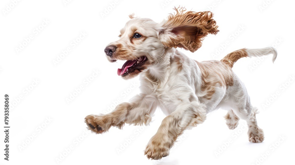 Golden English Cocker Spaniel laying on his side isolated against a ...