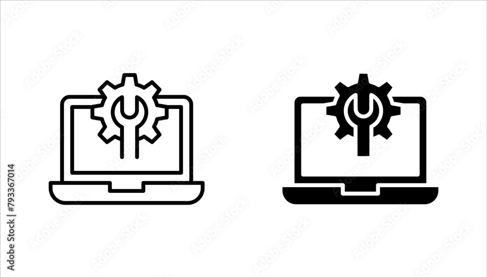 Technical support icon set. Computer service. Gears on screen laptop ...
