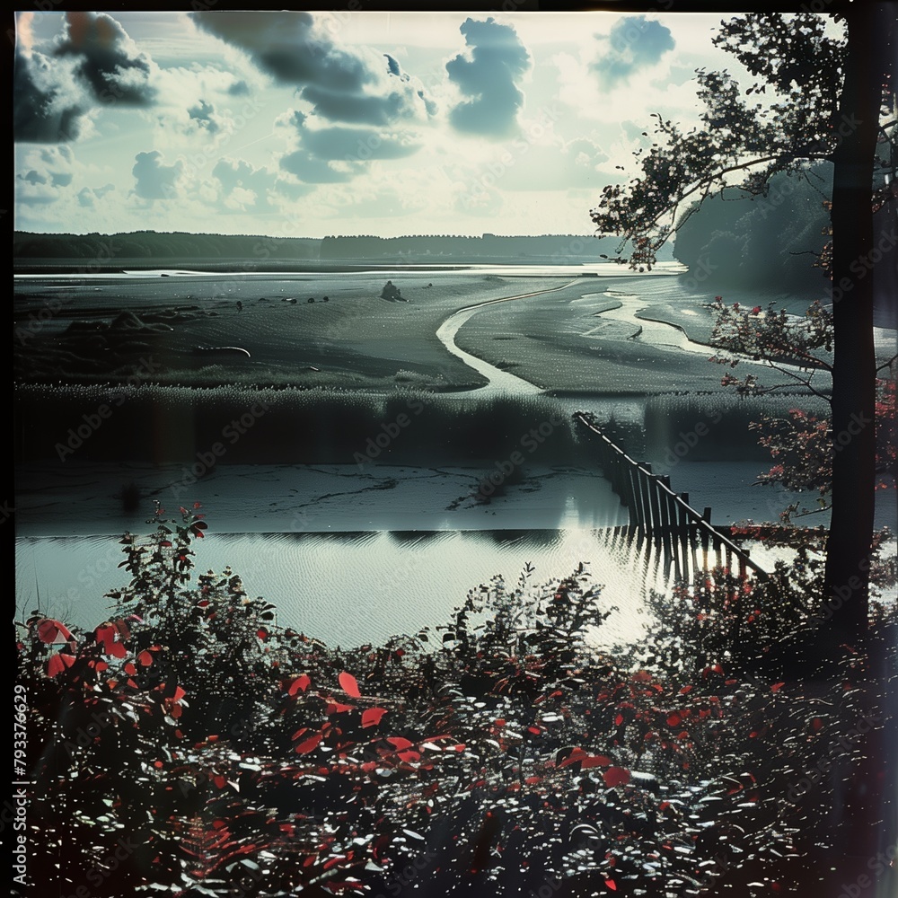Color landscape long-shot photo of a watery marsh with a distant tree ...