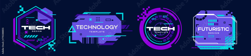 Set of Futuristic IT badges. Virtual cyberpunk style elements with neon ...