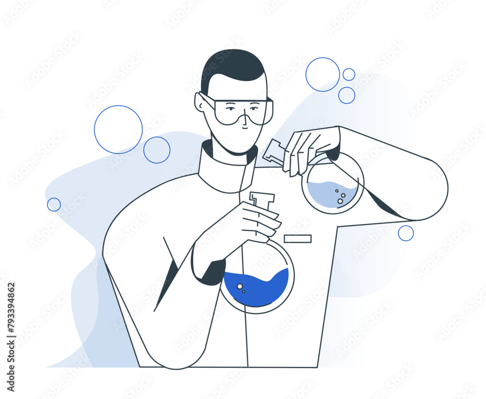Science research. Male chemist in white coat and safety glasses holds ...