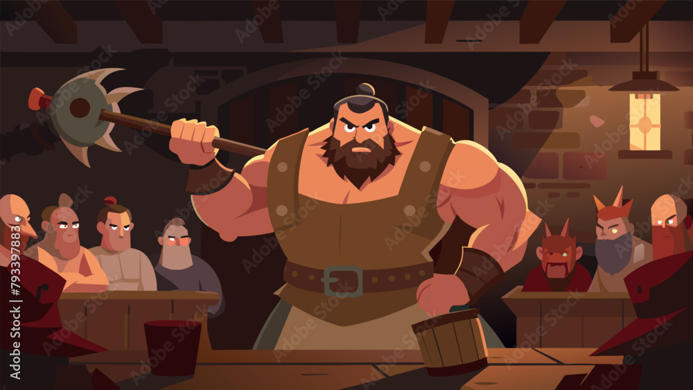 In a dimly lit tavern onlookers cheer as a burly man wields a heavy ...