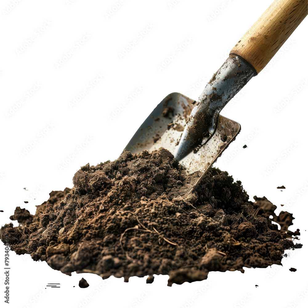 A spade is shown digging into aged soil on a clean transparent ...