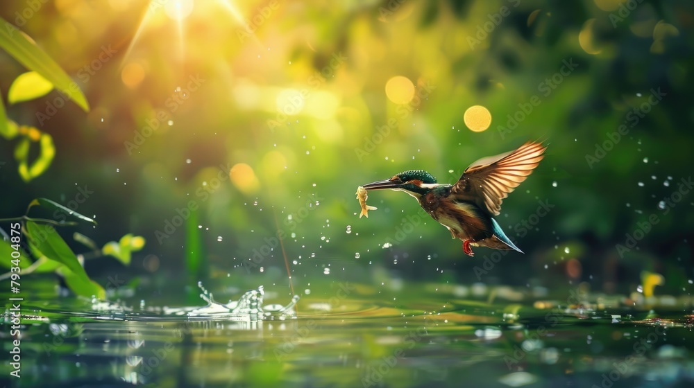 A beautiful bird hovers above the surface of the water, holding a small ...