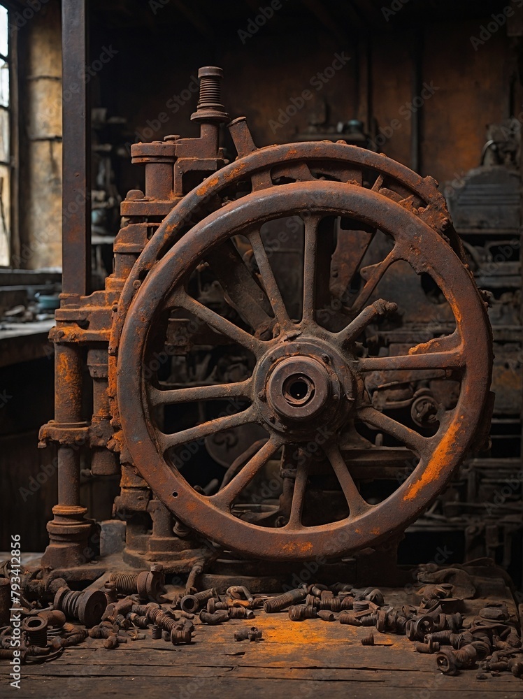 Large, rusted wheel, part of old machine, focal point amidst backdrop ...