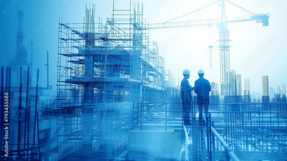 Engineers overseeing construction blueprint overlay - Two engineers ...