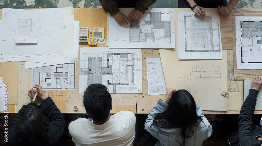 Six people working together in office on a architectural blueprint plan ...