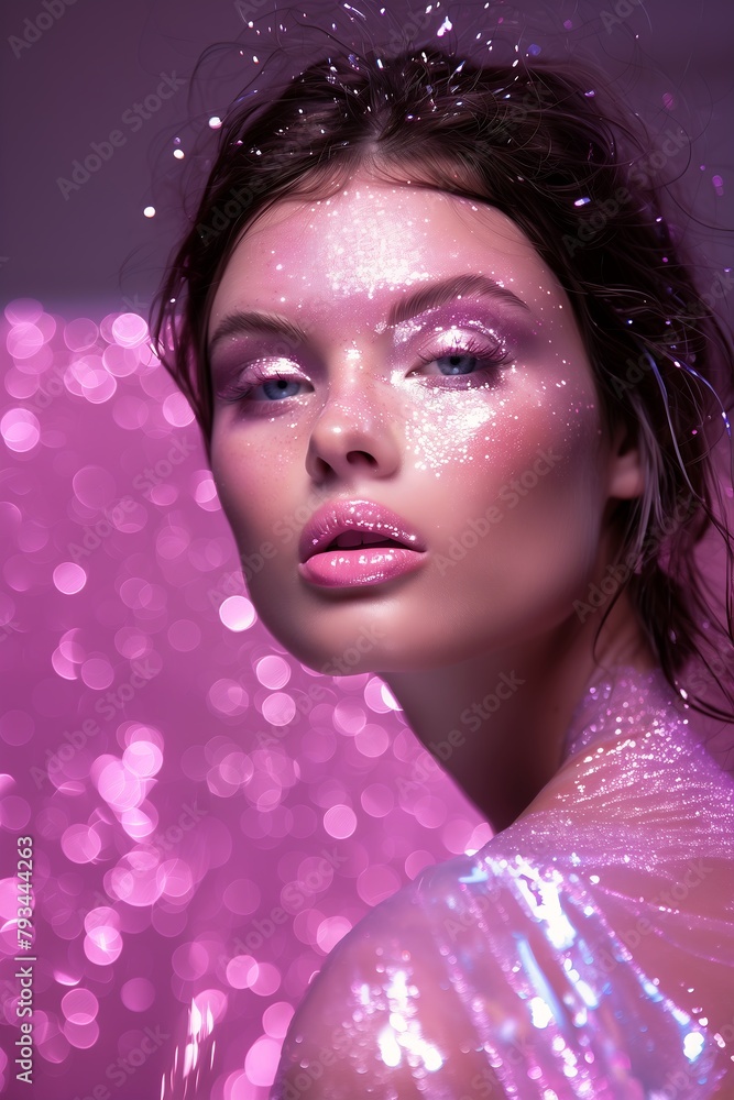 woman face pink background fashion model features angel sparkles ...