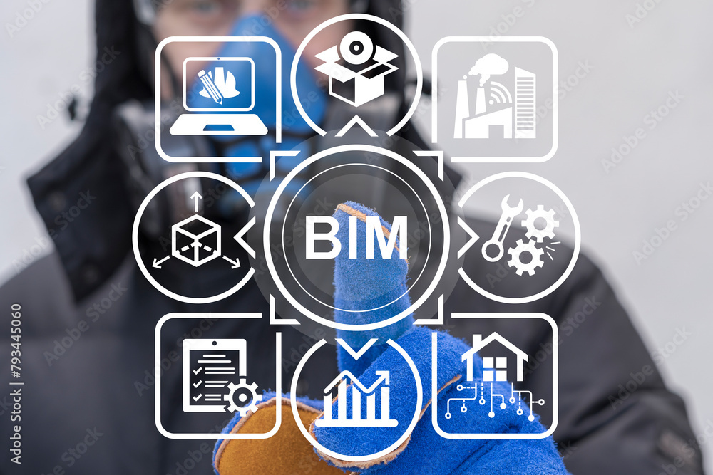 Engineer working on virtual touch screen presses abbreviation: BIM ...