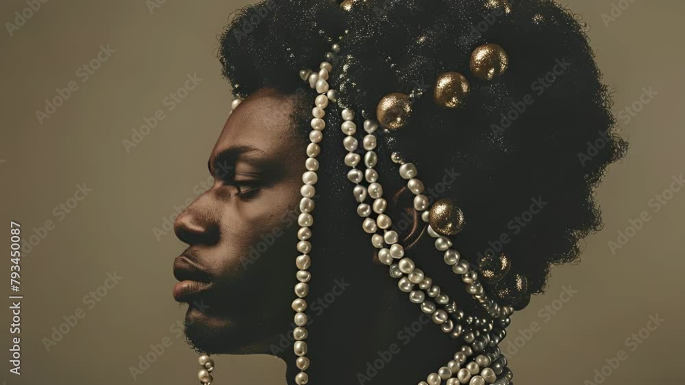 A striking portrait of a Black man his profile highlighted by strands ...