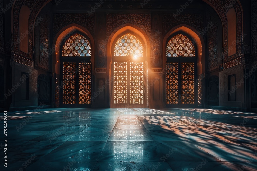 Islamic picture in black. into the interior of the Islamic mosque ...